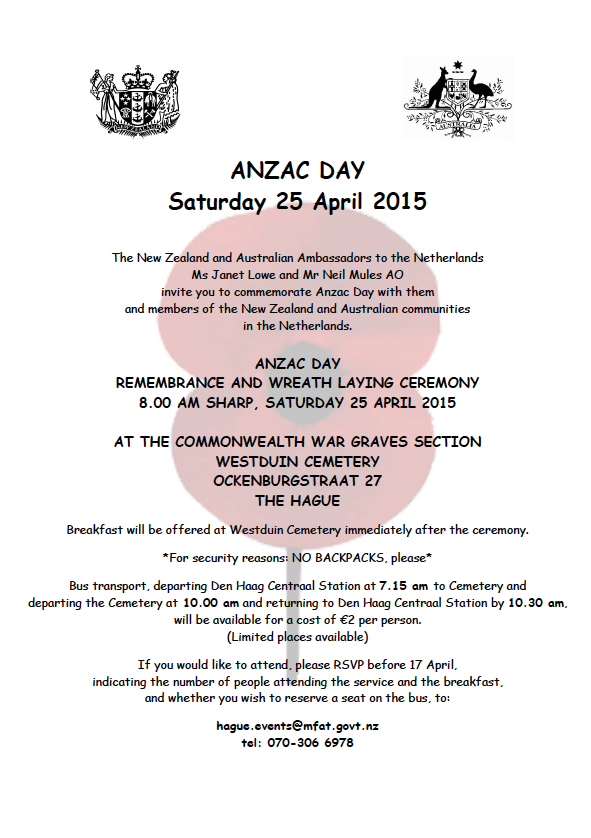 2015 ANZAC Day Invitation, The Hague, The Netherlands – Dutch Australian