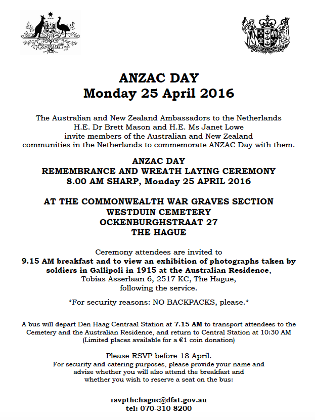 2016 ANZAC Day in The Hague Invitation – Dutch Australian