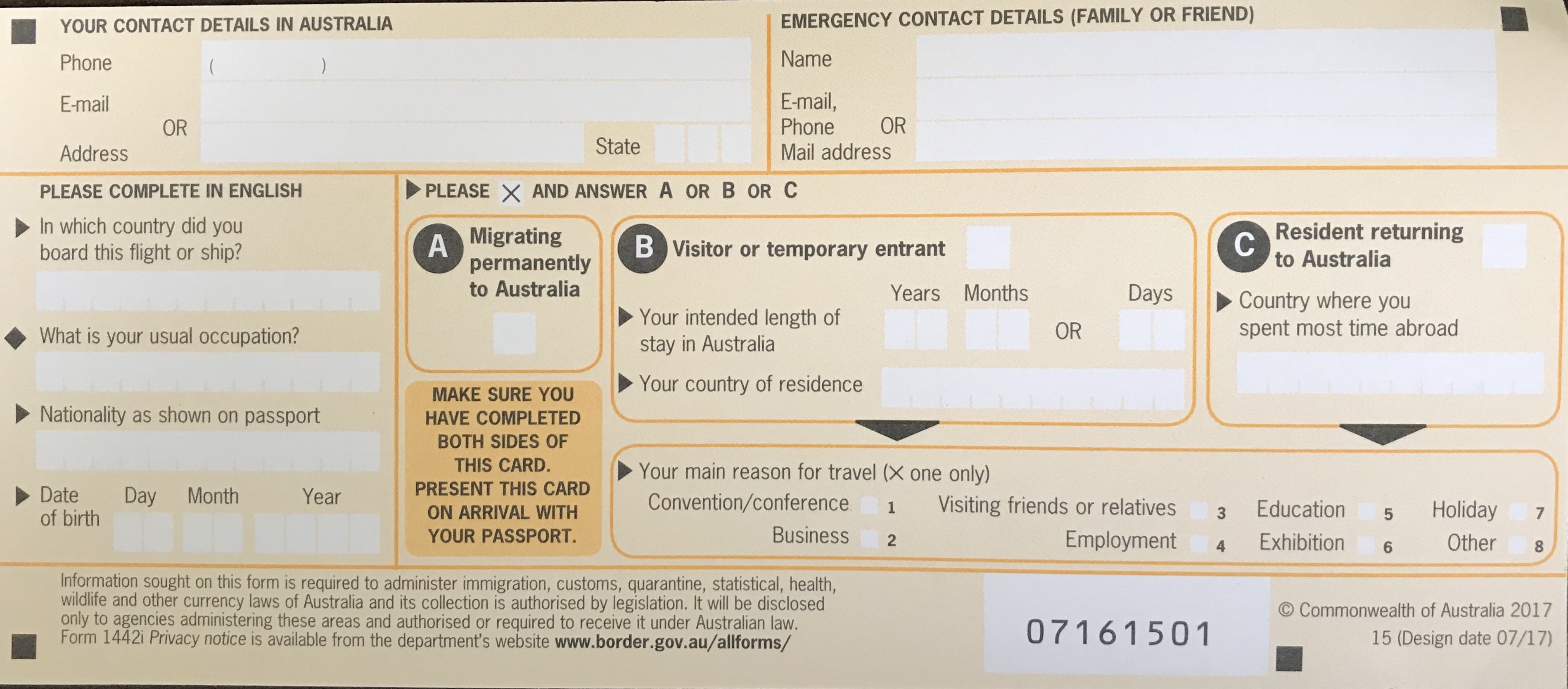 Australian Incoming Passenger Card – Dutch Australian