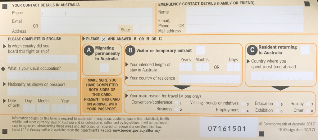 Australian Incoming Passenger Card – Dutch Australian